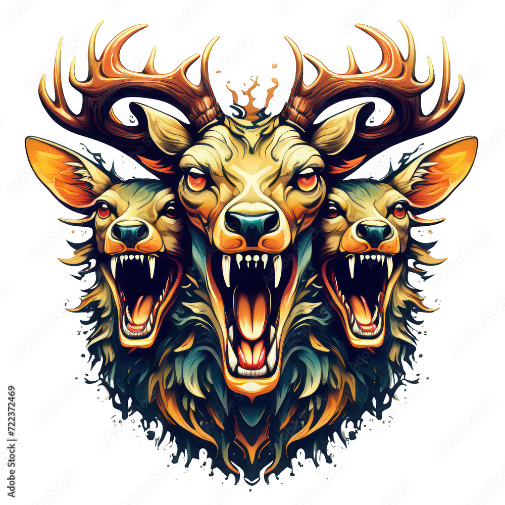 three-headed deer monster with horns illustration for t-shirts ...