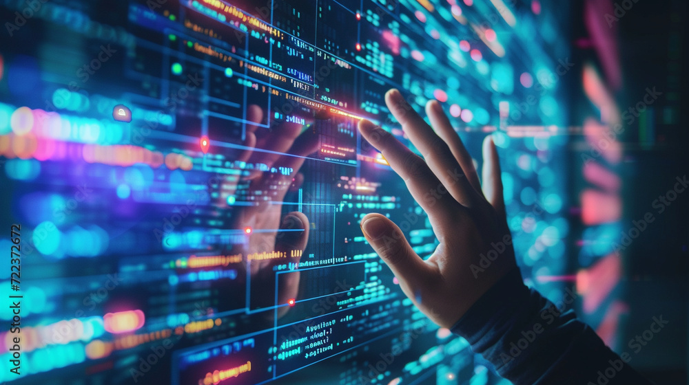 A dynamic shot of a programmer's hands reaching out to touch a digital ... A dynamic shot of a programmer's hands reaching out to touch a digital ...