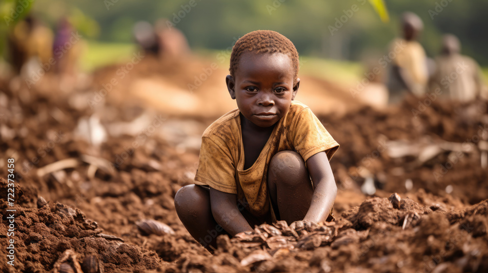 child labour concept. Small african child working on cocoa plantation ...