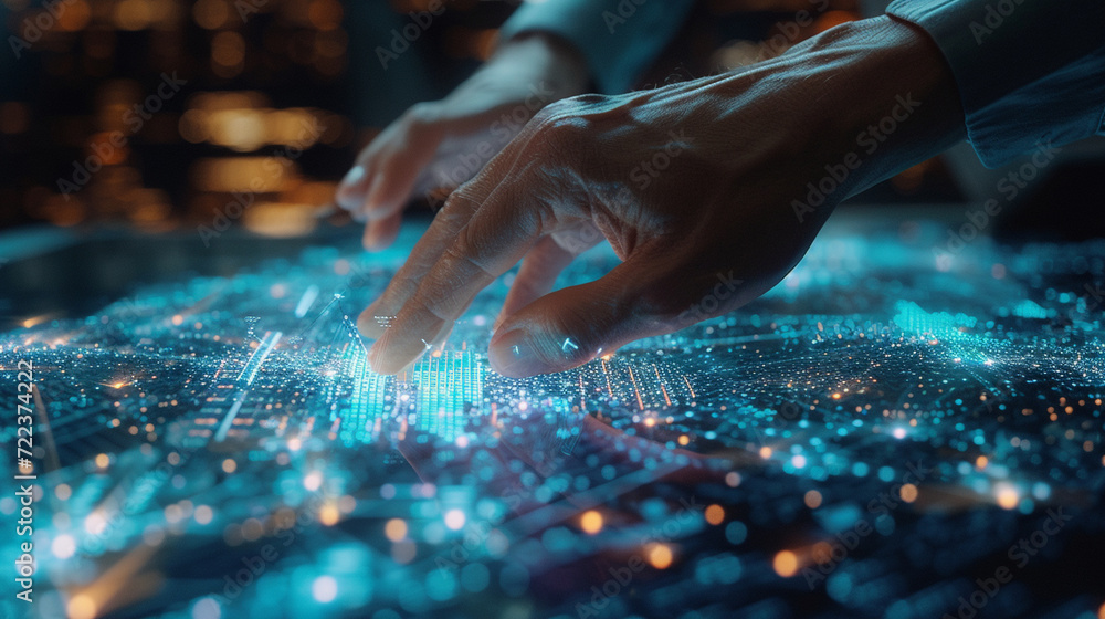 A dynamic shot of a programmer's hands reaching out to touch a digital interface, creating a ...