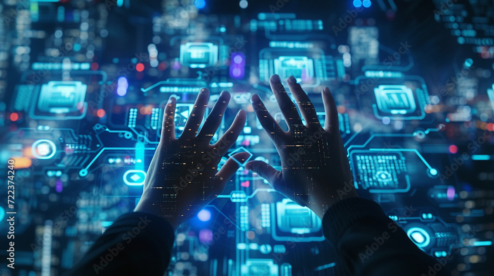 A dynamic shot of a programmer's hands reaching out to touch a digital ... A dynamic shot of a programmer's hands reaching out to touch a digital ...
