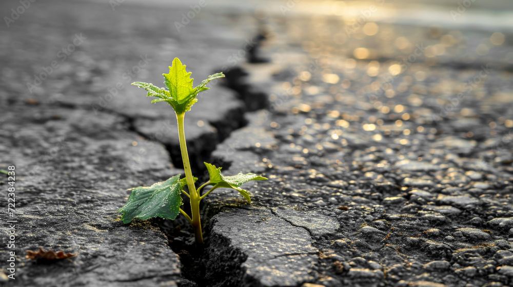 One young sprout breaks through hard surface of asphalt, tearing it ...