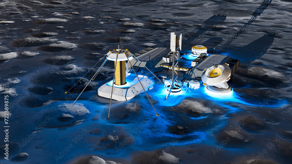 Lunar base, spatial outpost. First settlement on the moon. Space ...