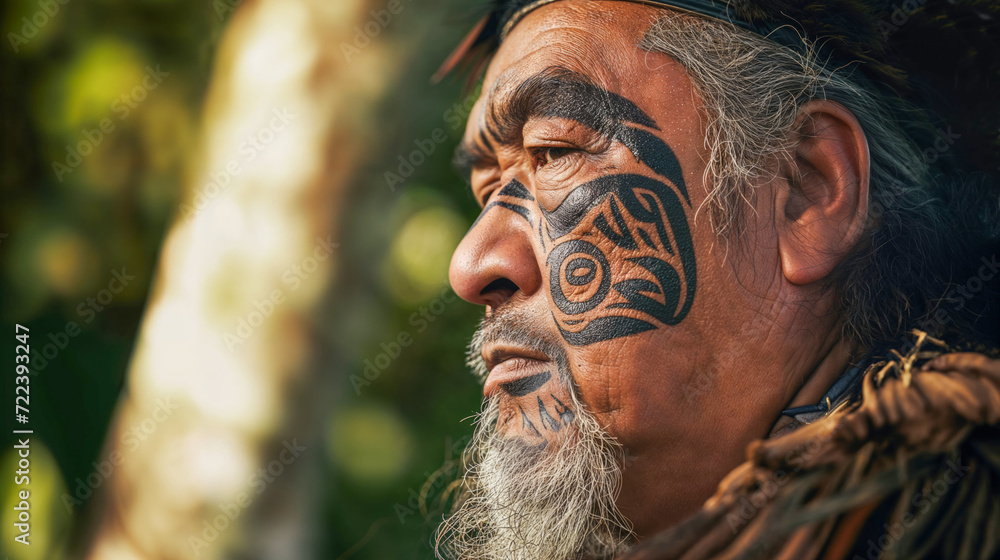Maori man with traditional moko facial tattoos gazes intently ...