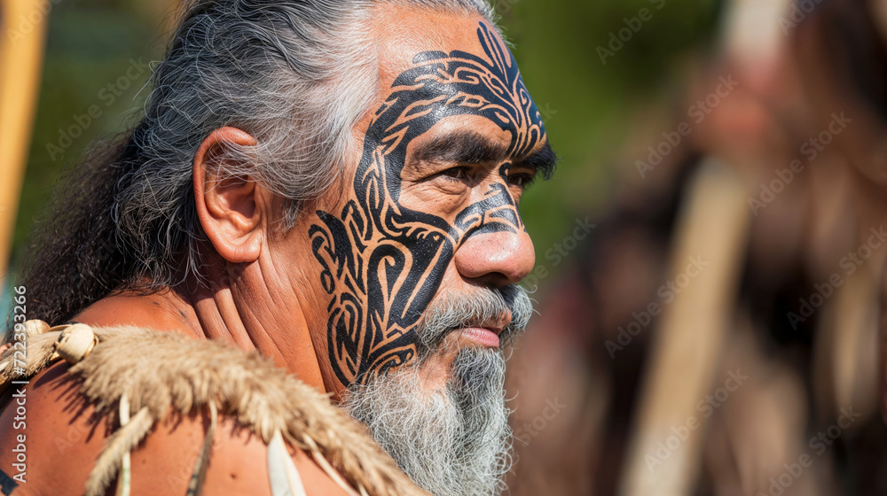 Maori man with traditional moko facial tattoos gazes intently ...