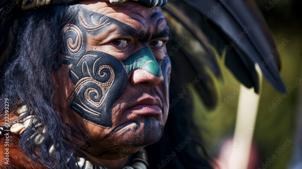 Maori man with traditional moko facial tattoos gazes intently ...