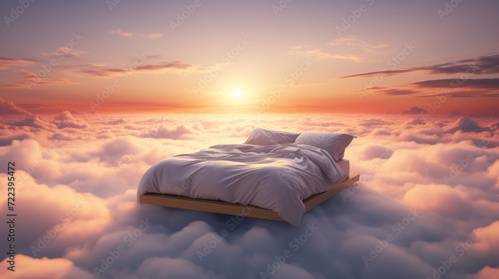 Concept full relax for sleep. Serene bed wrapped in clouds basked in ...