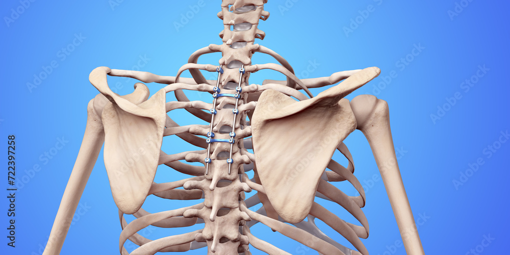 Spine Posterior Thoracic Fusion with Pedicle Screws and Rods on Blue ...