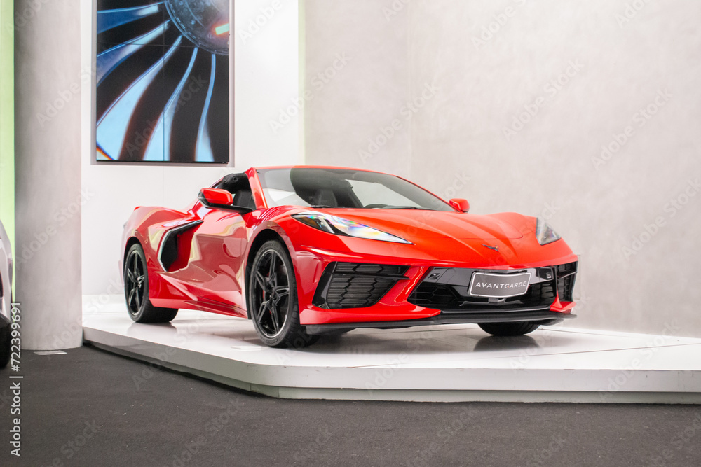 Red Chevrolet Corvette C8 Targa front view three quarters, low angle ...