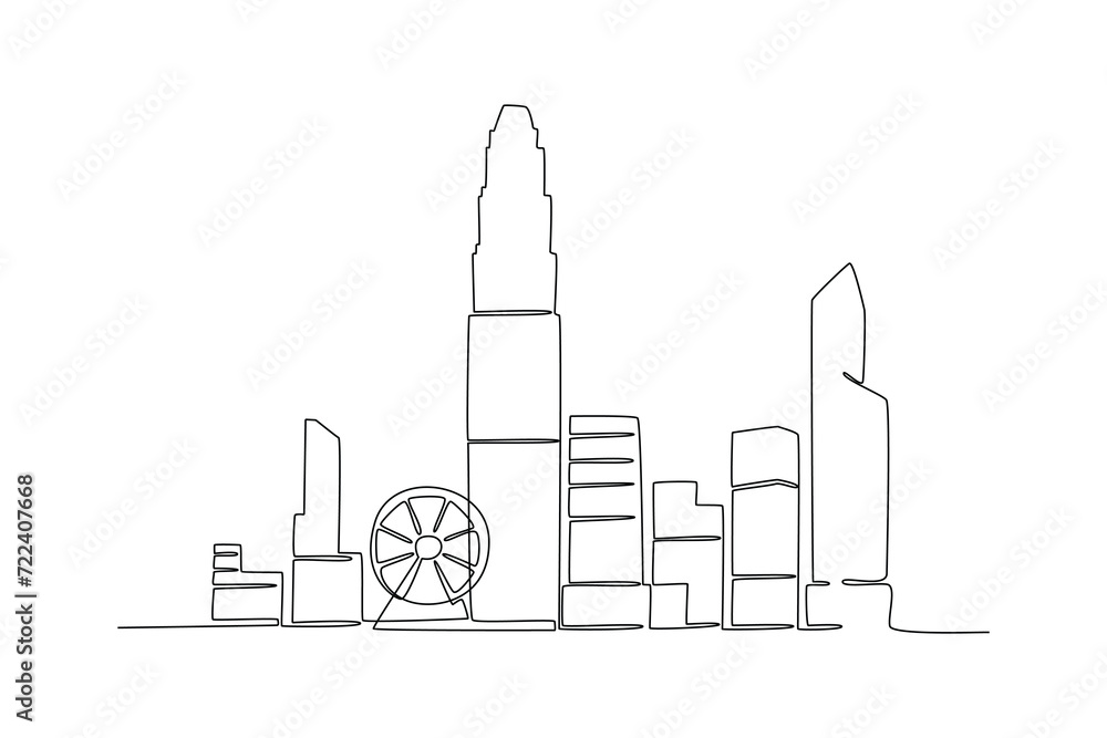 Poster One single line drawing of Hong Kong city skyline, China – Wall ...