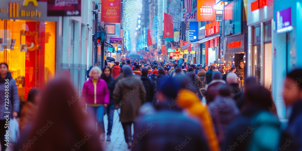 bustling city street scene, diverse crowd of people shopping, colorful ...