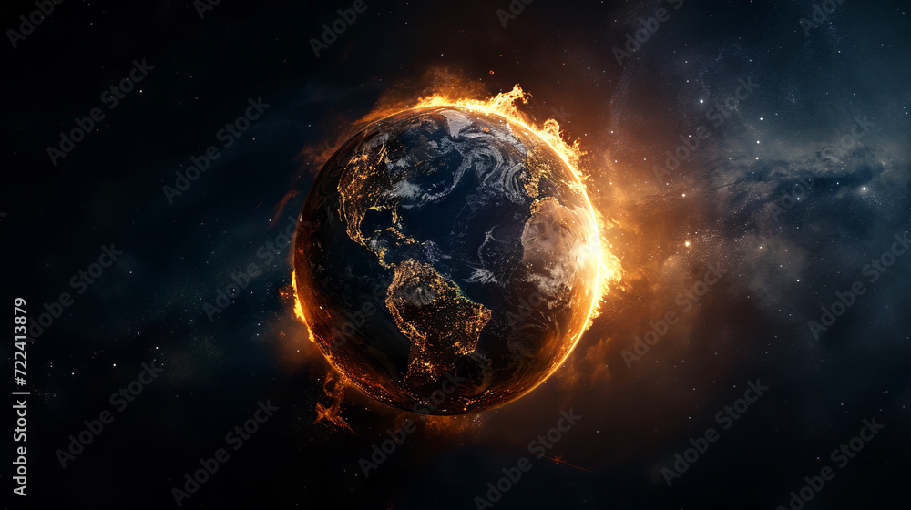Earth on fire seen from space. Planet earth with flames and small ...