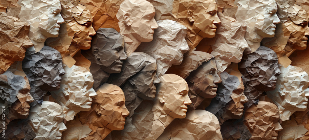 The shapes of many people crafted from paper, representing a ...