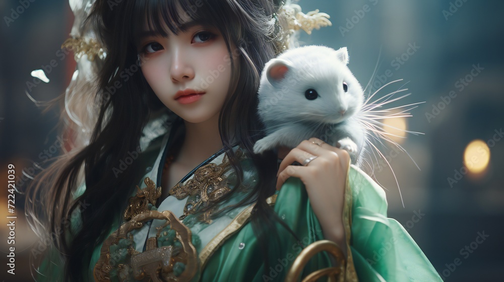 fantasy anime girl with zodiac chinese rat head, with black hairs ...