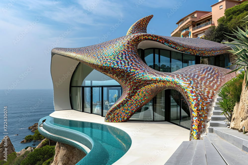 Facade of a building in the shape of a shark and fish scales on the ...