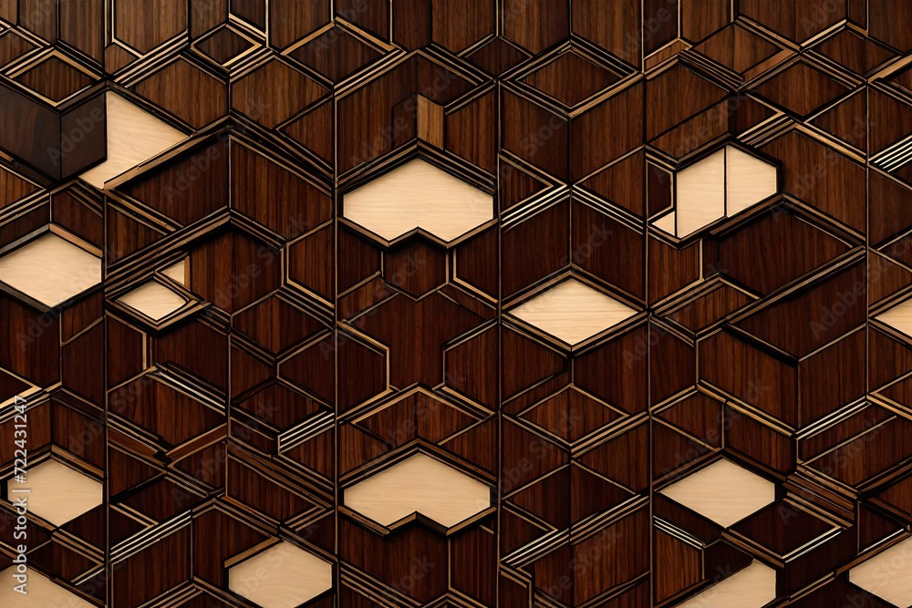 A sumptuous wallpaper pattern with hexagon tiles of mahogany wood, each ...