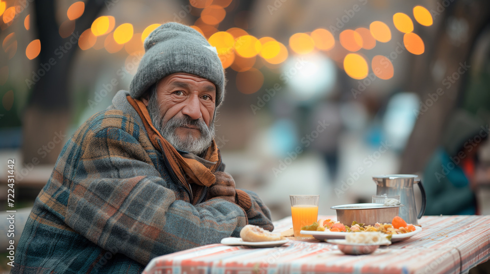Homeless man sits at an outdoor table, receiving food at a place ...