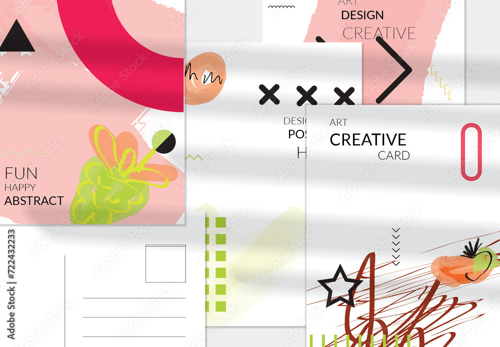 Postcard Layout with Hand Drawn Abstract Floral Doodles and Geometric ...