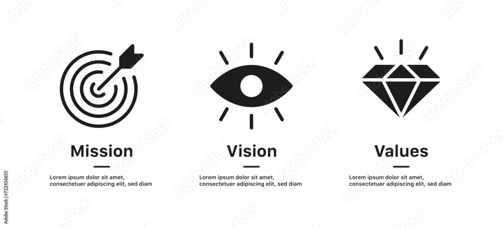 Mission, Vision and Values icon set. company purpose flat icons ...