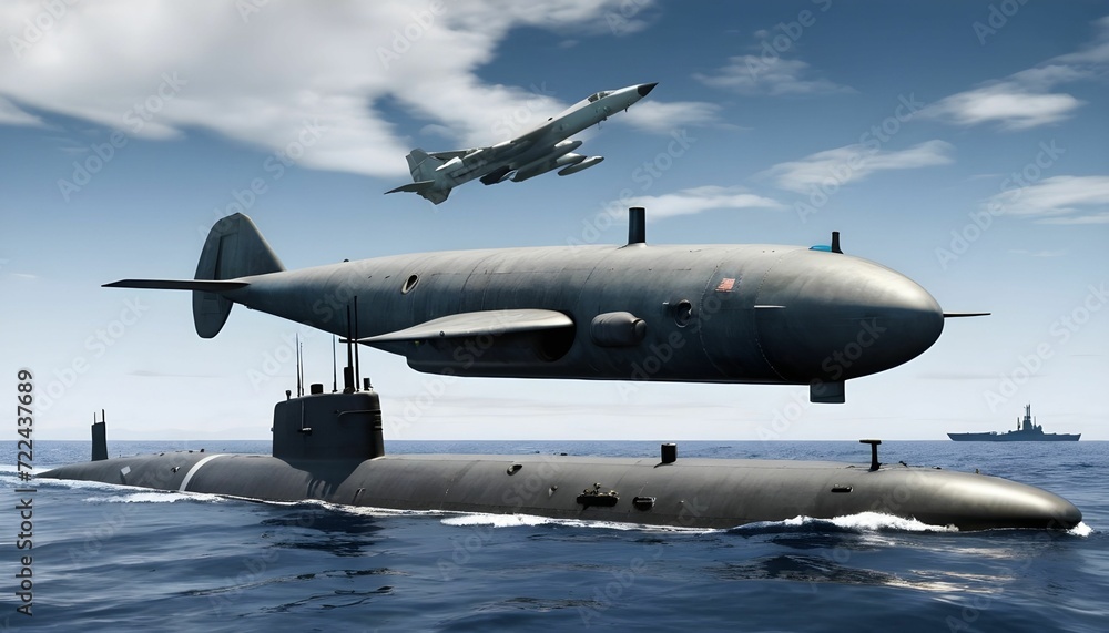 military nuclear submarine floating in the middle of the ocean with a ...