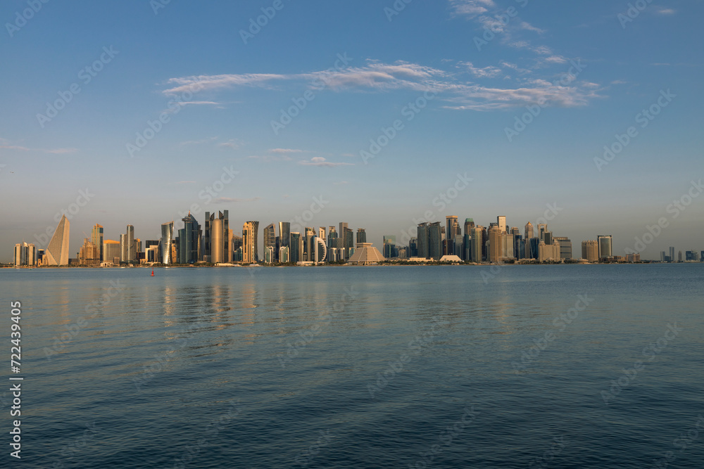 view of the Doha Corniche and the towers, one of the most beautiful ...