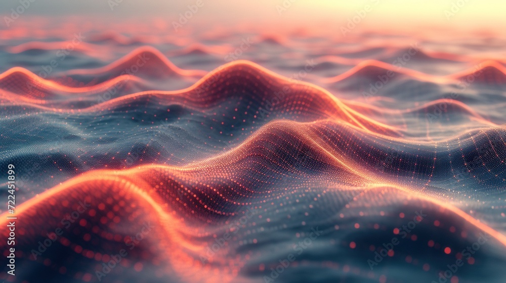 Abstract wave made out of grids that are seen from a cinematic view of ...