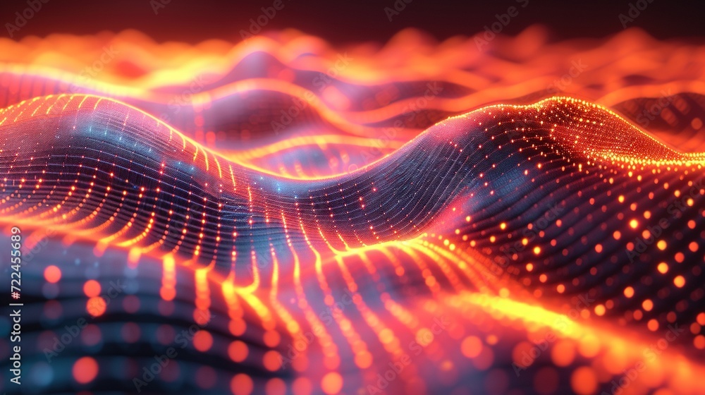 Abstract wave made out of grids that are seen from a cinematic view of ...