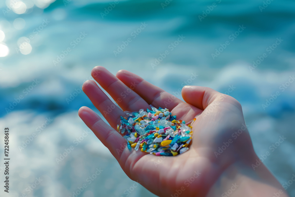 Woman collect micro plastics collects plastic from beach sand ...