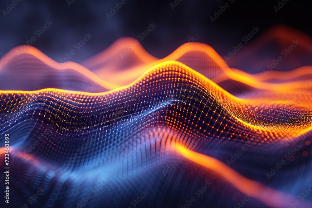 Abstract wave made out of grids that are seen from a cinematic view of ...