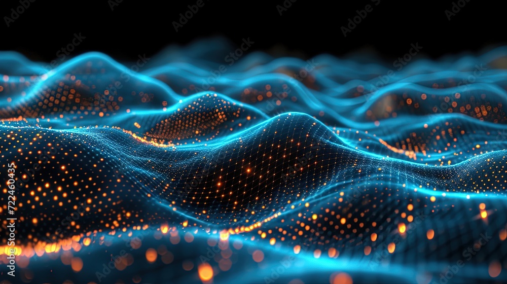 Abstract wave made out of grids that are seen from a cinematic view of ...