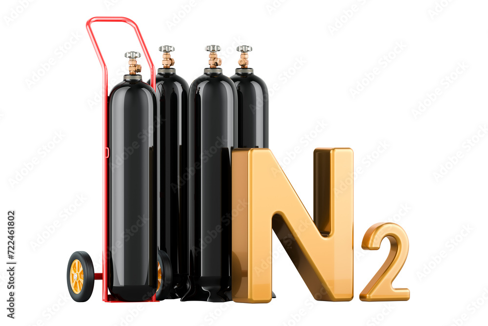 Nitrogen N2 gas cylinders with hand truck, 3D rendering isolated on ...