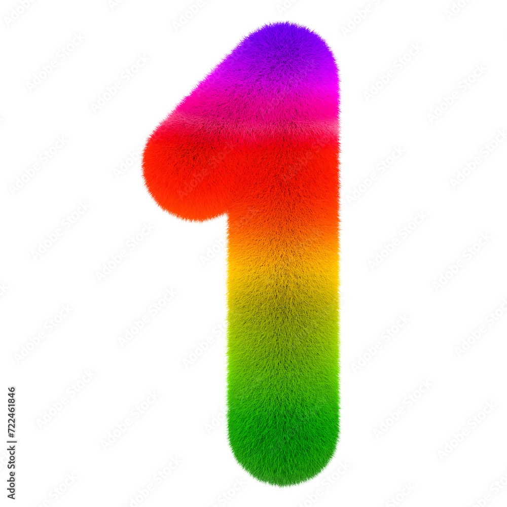 Number 1, Colored, fluffy, hairy font. 3D rendering isolated on ...