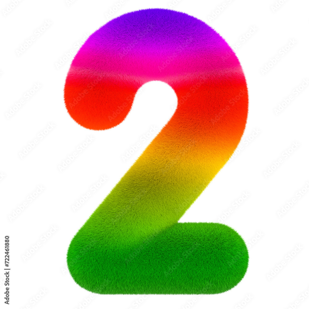Number 2, Colored, fluffy, hairy font. 3D rendering isolated on ...