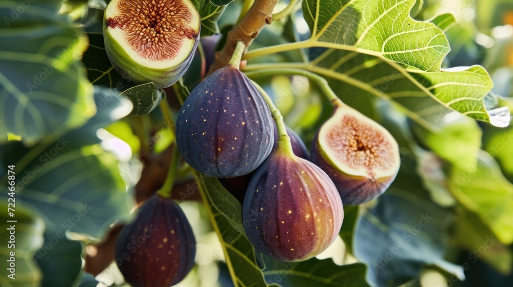 a group of figs hanging from a tree with green leaves and a brown spot ...