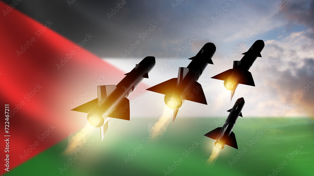 Military rockets near Palestine flag. Rocket attack on Palestine. War ...