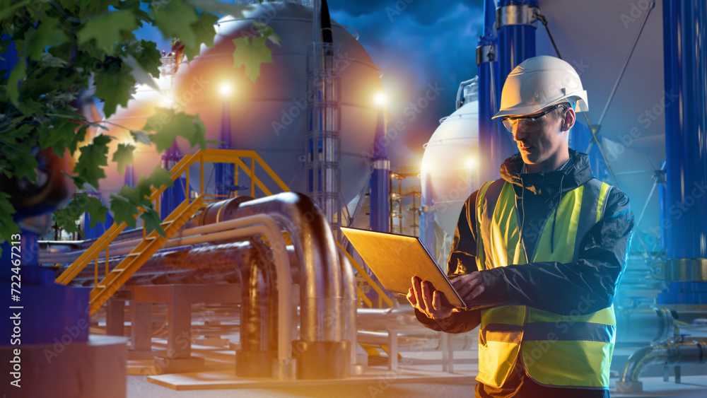 Oil plant engineer. Man with laptop near factory. Oil plant ...
