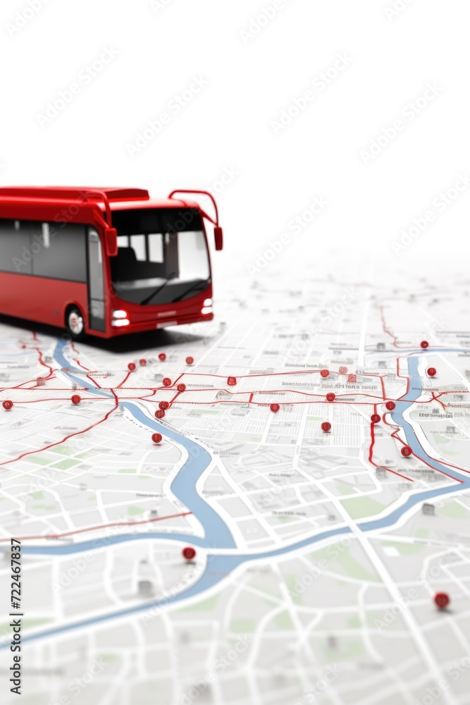 A red bus is depicted on a map with pins marking various locations. This image can be used to ...