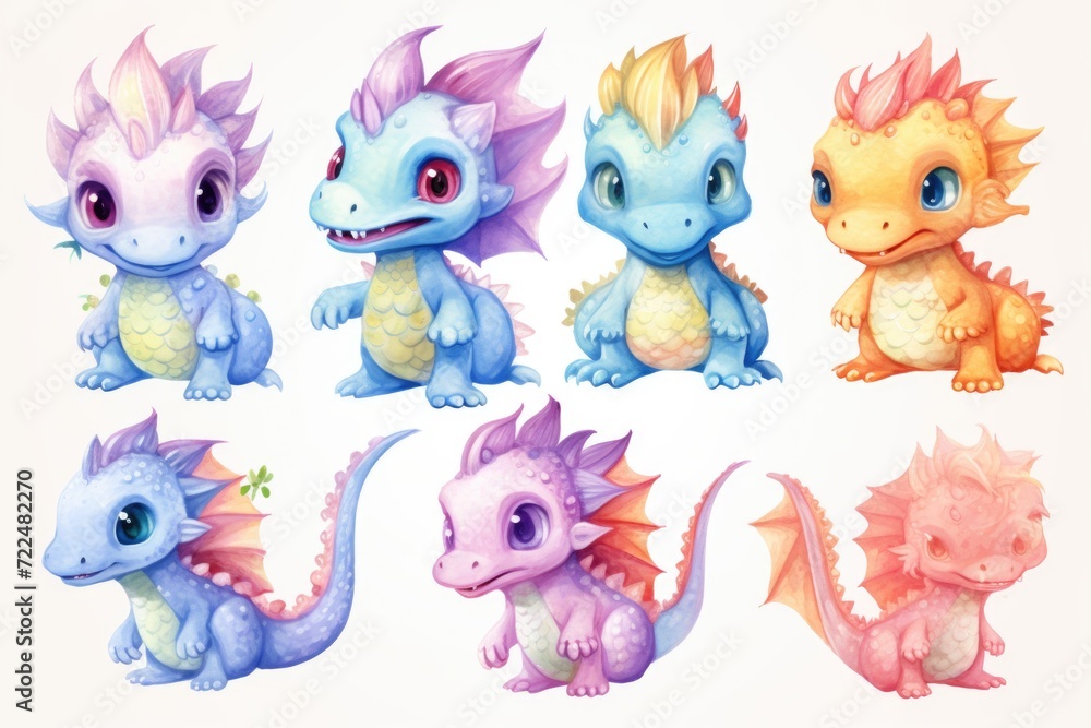 Cartoon dragons sitting together in a group. Can be used for children's ...