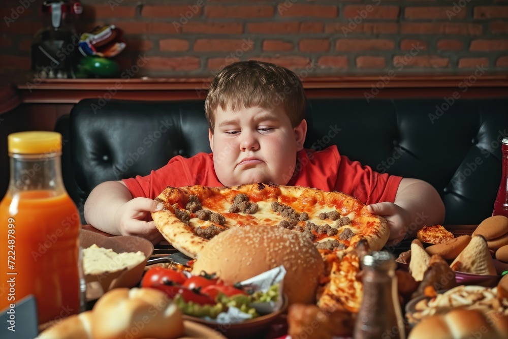 Little boy eating pizza at home. Concept of fast food and unhealthy ...