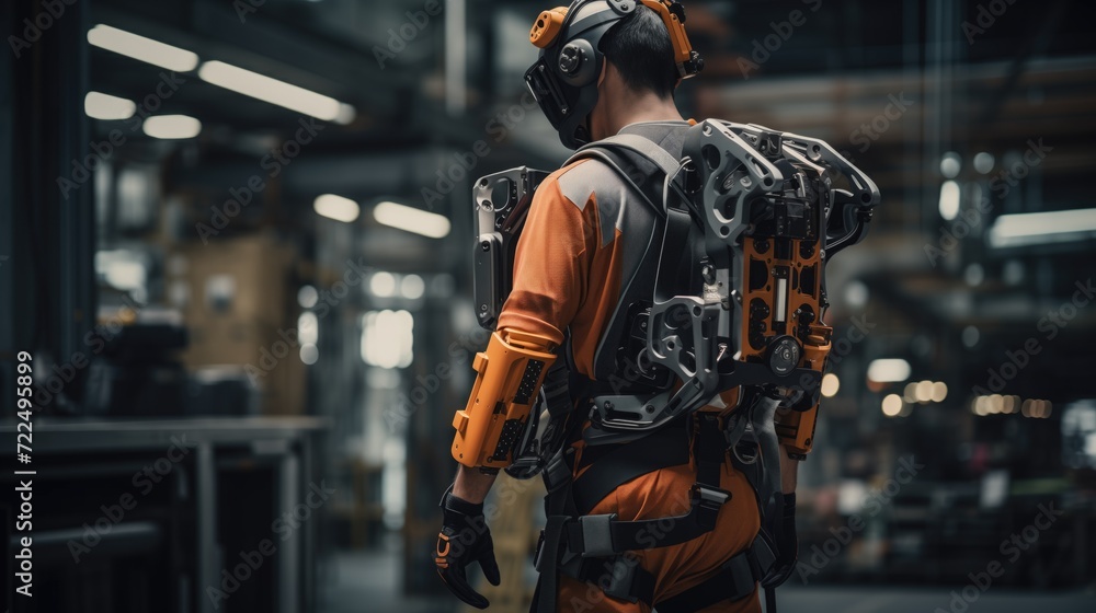 Industrial worker equipped with a heavy-duty powered exoskeleton for ...