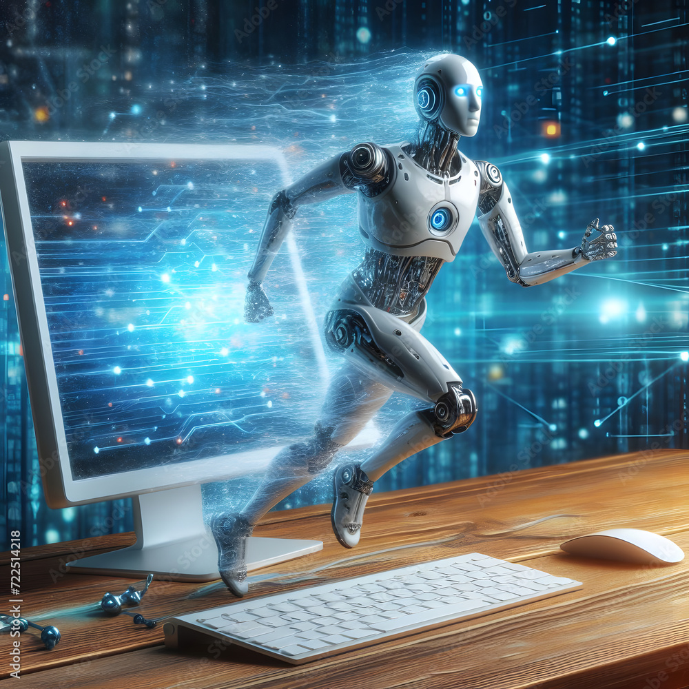 AI robot escaping from computer monitor. Concept of AI technology out of control. Stock ...