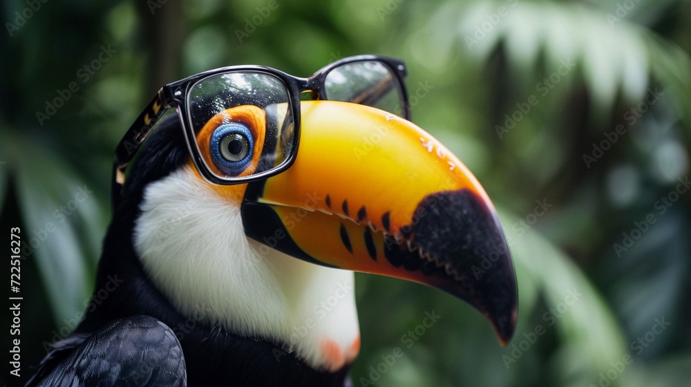 cute Toucan, closeup with glasses. A skull of the bird called a toucan ...
