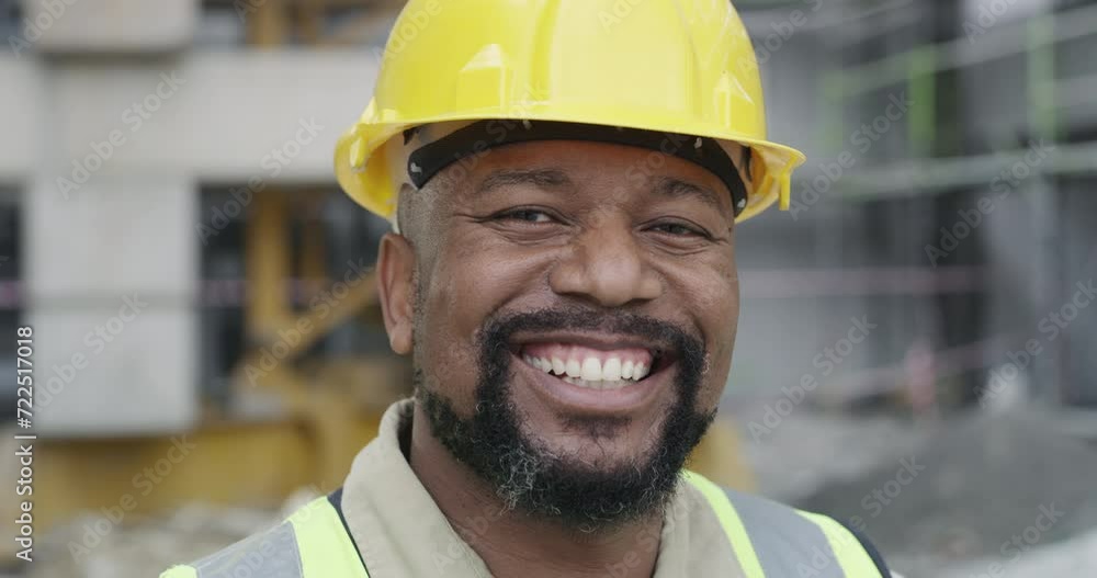 Face, construction or happy black man with confidence or smile for ...