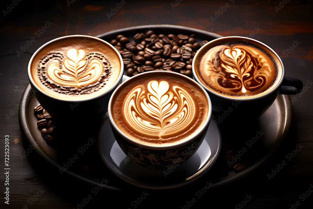 cups with aromatic latte and cappuccino coffee made from beans of ...