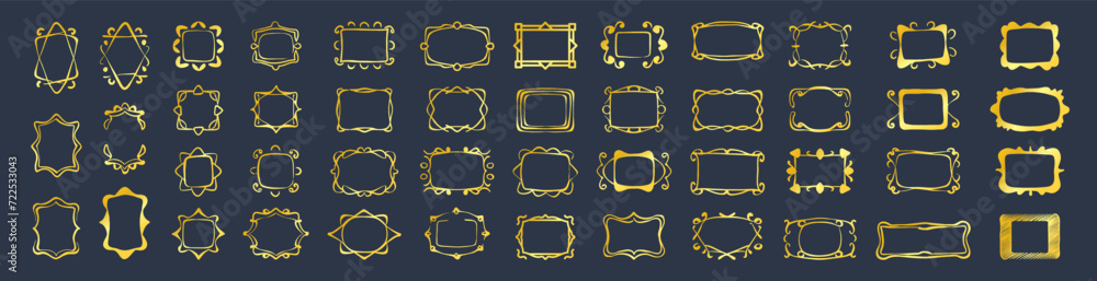 Gold hand drawn line, border, frame vector design element set. Golden ...