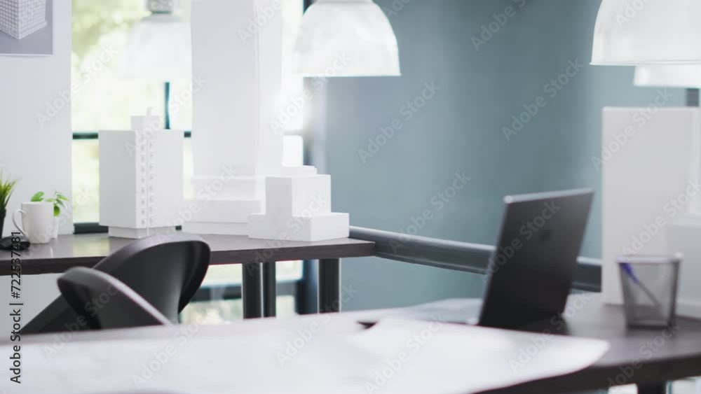 Designing office has empty desk with computer operating cad, production ...