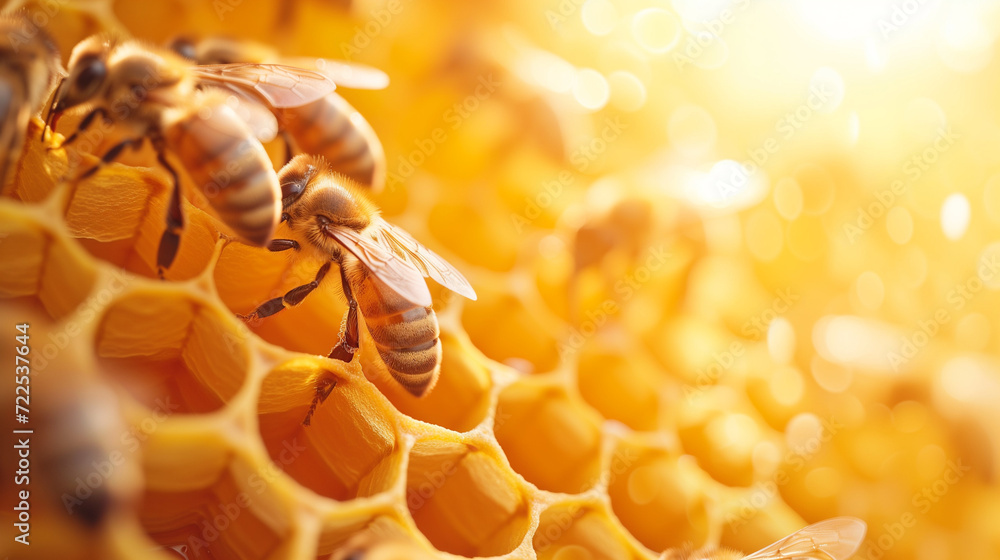 Cute swarm of bees working at bee honeycomb, background with empty ...