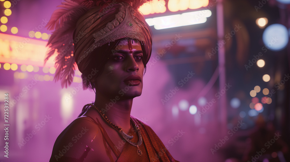 Portrait of a gay Indian drag queen at a party wearing makeup and ...