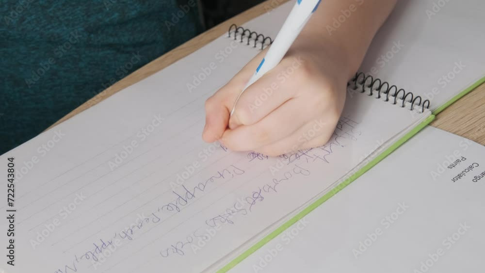 schoolchild doing homework, copying words English, child writes in ...