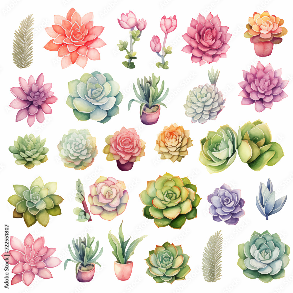 Cute watercolor succulent set on white background. Different kinds of ...